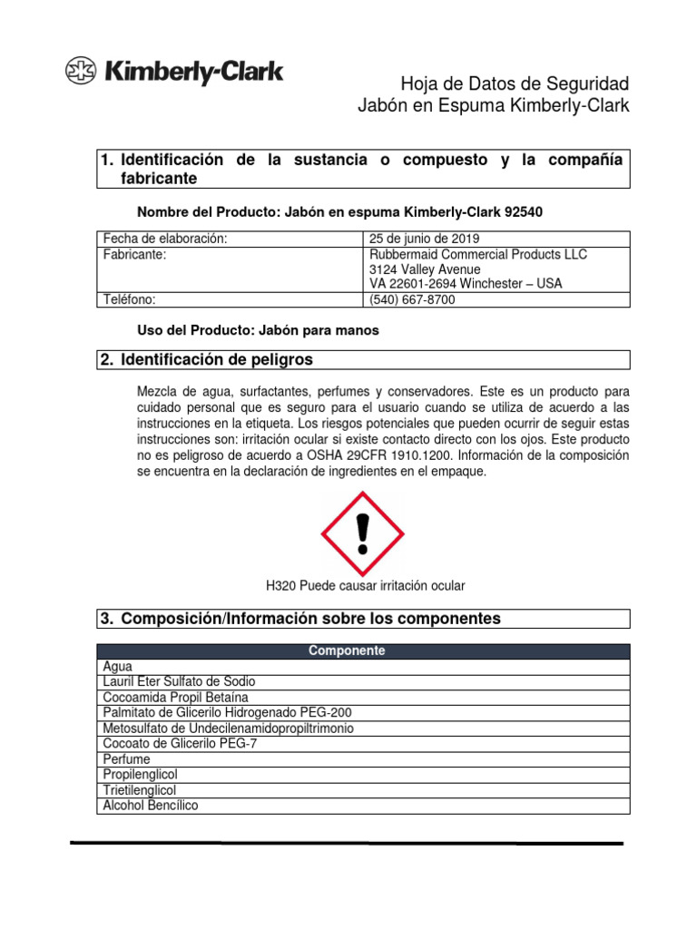 7.- Ficha de Seguridad Jabon en Espuma Kimberly | Descargar gratis PDF | Agua | Toxicidad