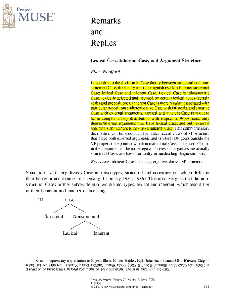 WOOLFORD. Lexical Case, Inherent Case, and Argument Structure | PDF | Subject (Grammar ...