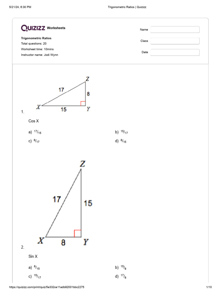 Trigonometric Ratios - Quizizz | PDF | Trigonometric Functions ...