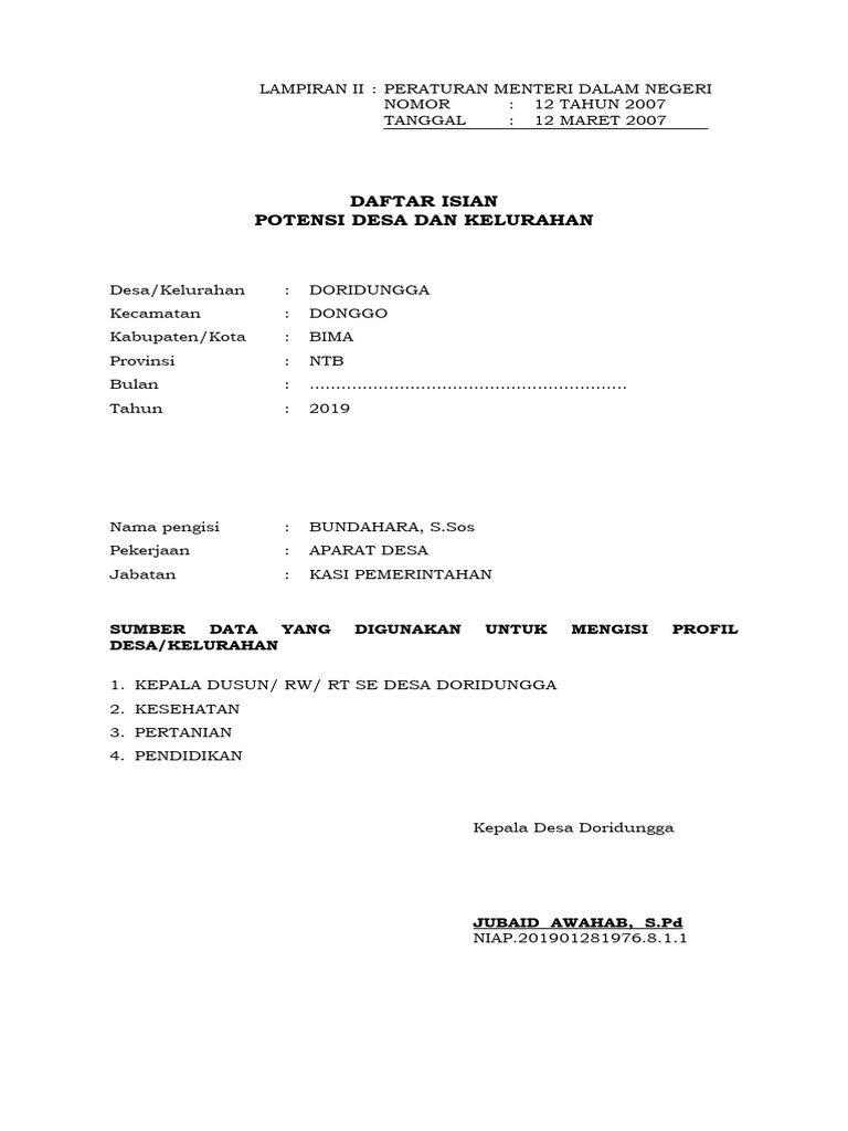 Buku III Diisi Oleh Desa Data Potensi | PDF