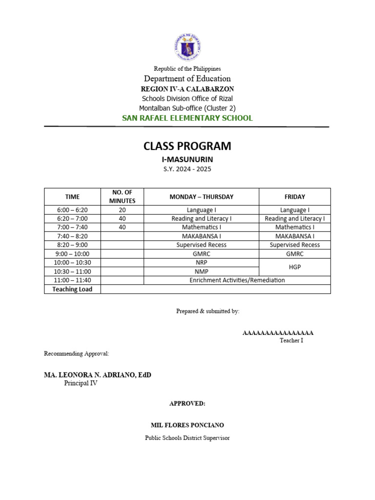 Class and Teachers Program Template | PDF | Cognition | Writing