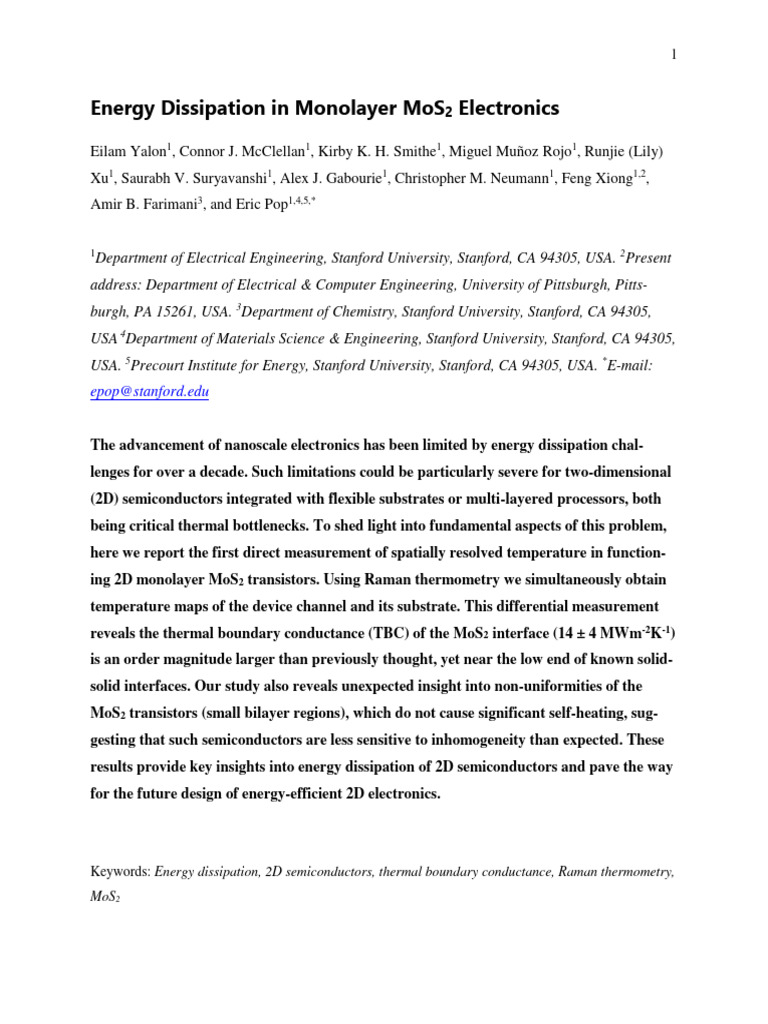 Energy Dissipation in Monolayer MoS2 Electronics | PDF | Electronics | Semiconductors