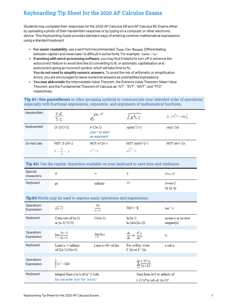 Keyboarding Tip Sheet For The 2020 AP Calculus Exams | PDF | Calculus ...