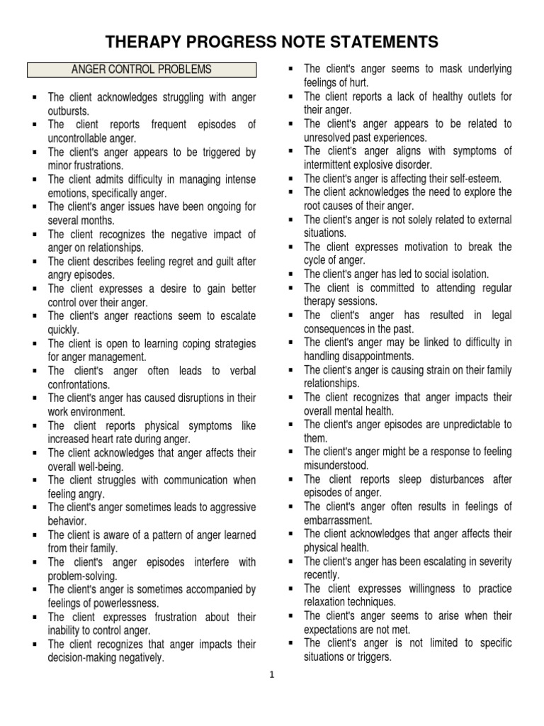 2000 Therapy Progress Note Statements | PDF | Psychological Trauma | Anger