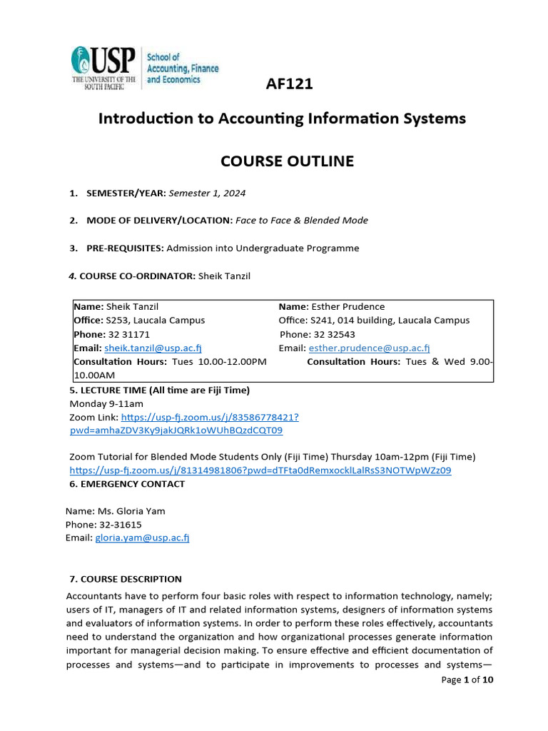 AF121 Course Outline S1 2024 | PDF | Internal Control | Accounting