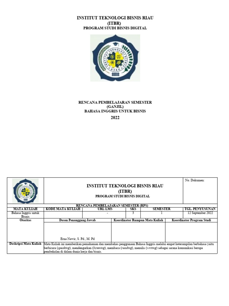 RPS BAHASA INGGRIS UNTUK KOMUNIKASI DAN BISNIS Template | PDF