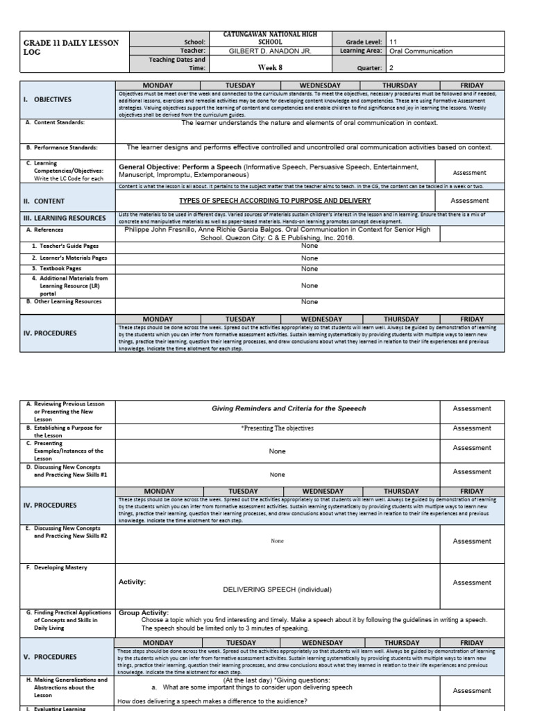 Grade 11 Daily Lesson LOG Week 8 Monday Tuesday Wednesday Thursday Friday | PDF | Educational ...