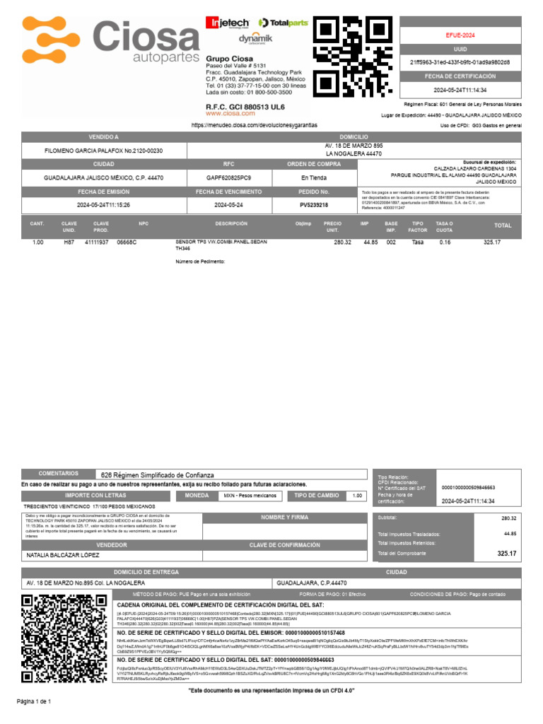 Factura CFDI 4.0 - Grupo Ciosa 2024 | PDF