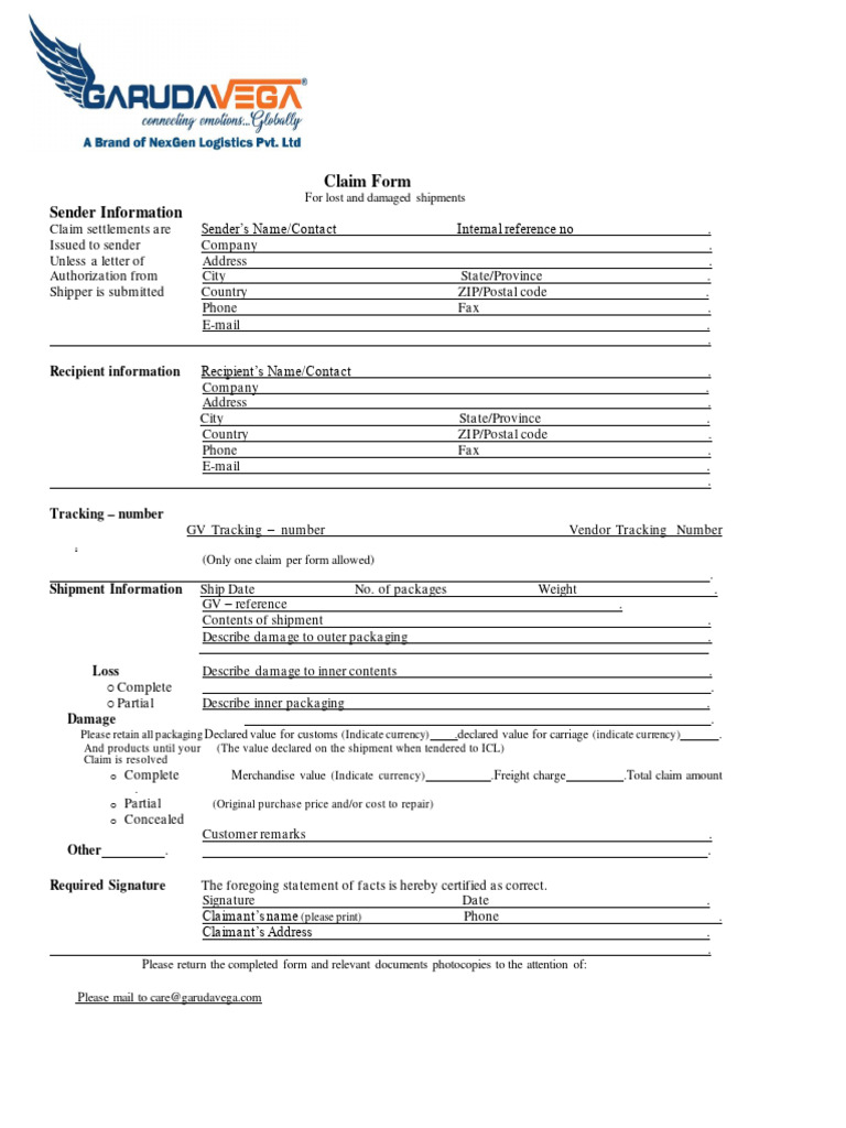 Garudavega Shipment Claim Form | PDF | Freight Transport | United ...