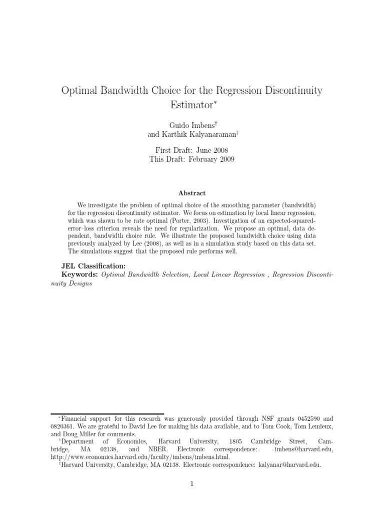 Optimal Bandwidth Choice For The Regression Discontinuity Estimator 2009 | PDF | Regression ...