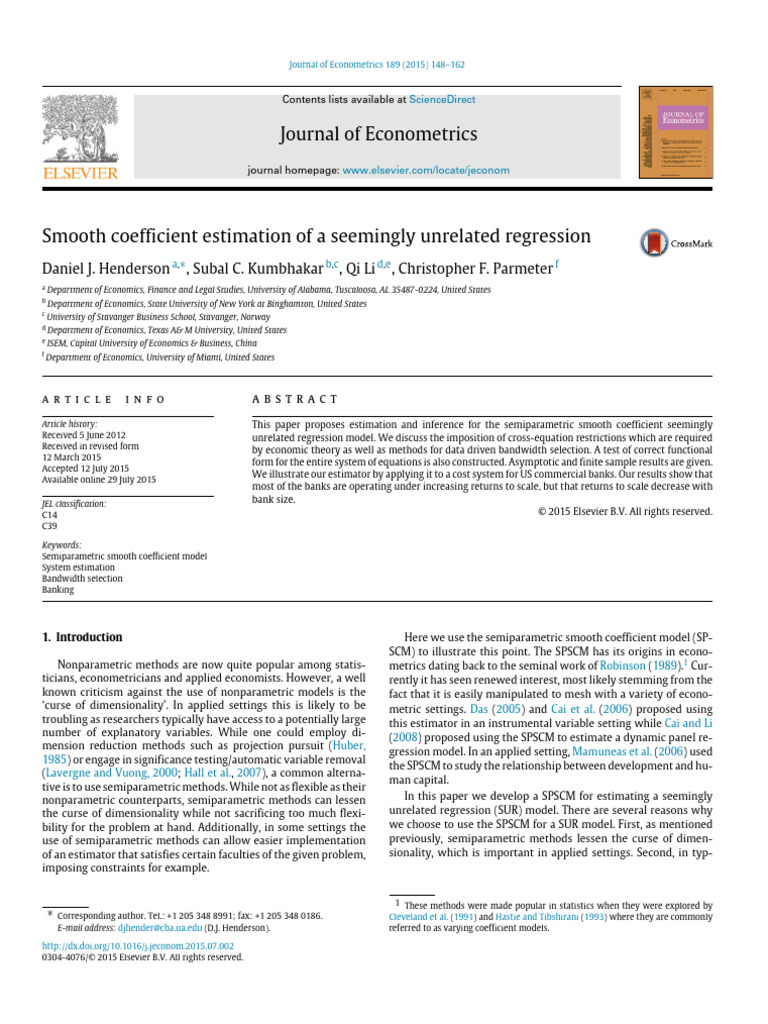 Smooth Coefficient Estimation of A Seemingly Unrelated Regression | PDF | Ordinary Least Squares ...