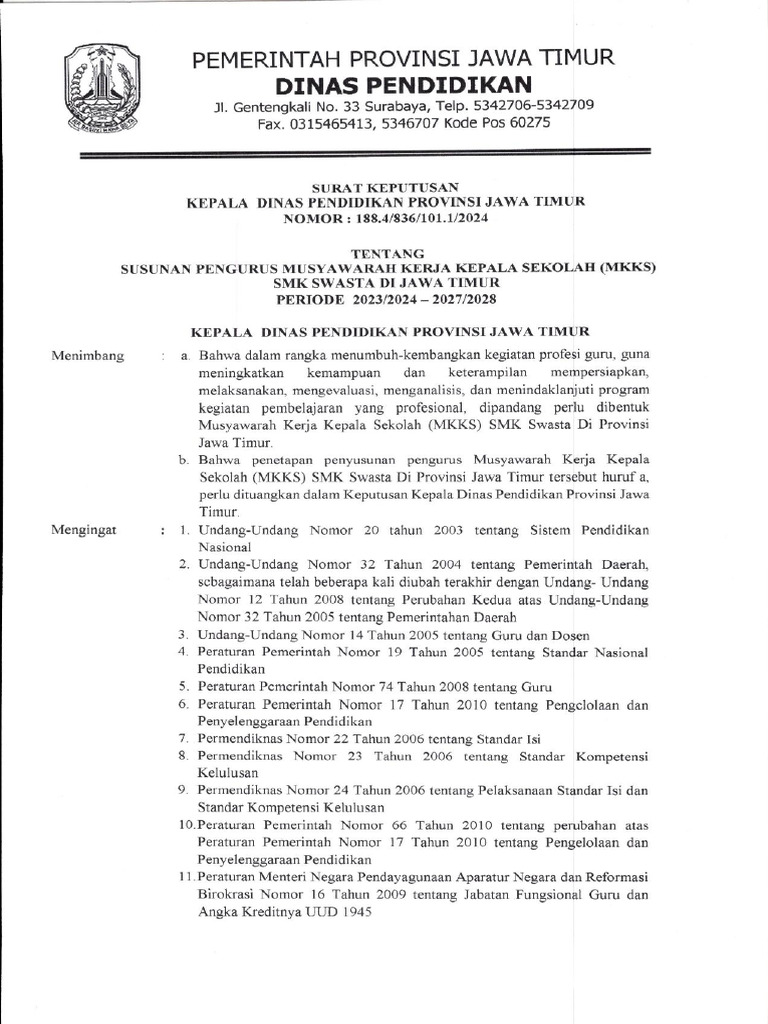 SK Pengurus MKKS Swasta Jatim 2024 | PDF