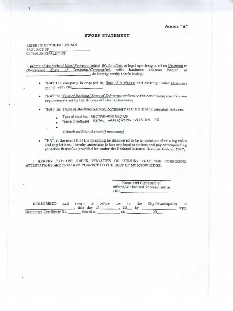 Sworn Statement NEC-G9 Retail Application v1.0 | PDF
