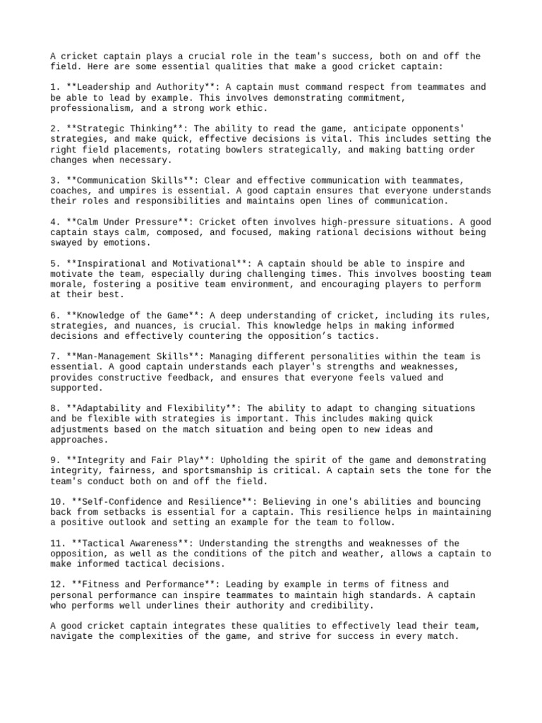 GOOD Qualities of A Captain | PDF | Cricket | Psychological Resilience