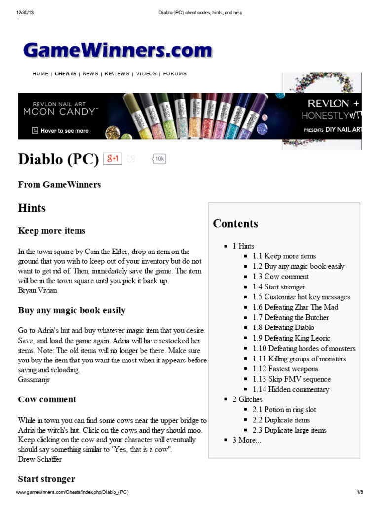 GameWinners - Diablo (PC) Cheat Codes, Hints, and Help | PDF