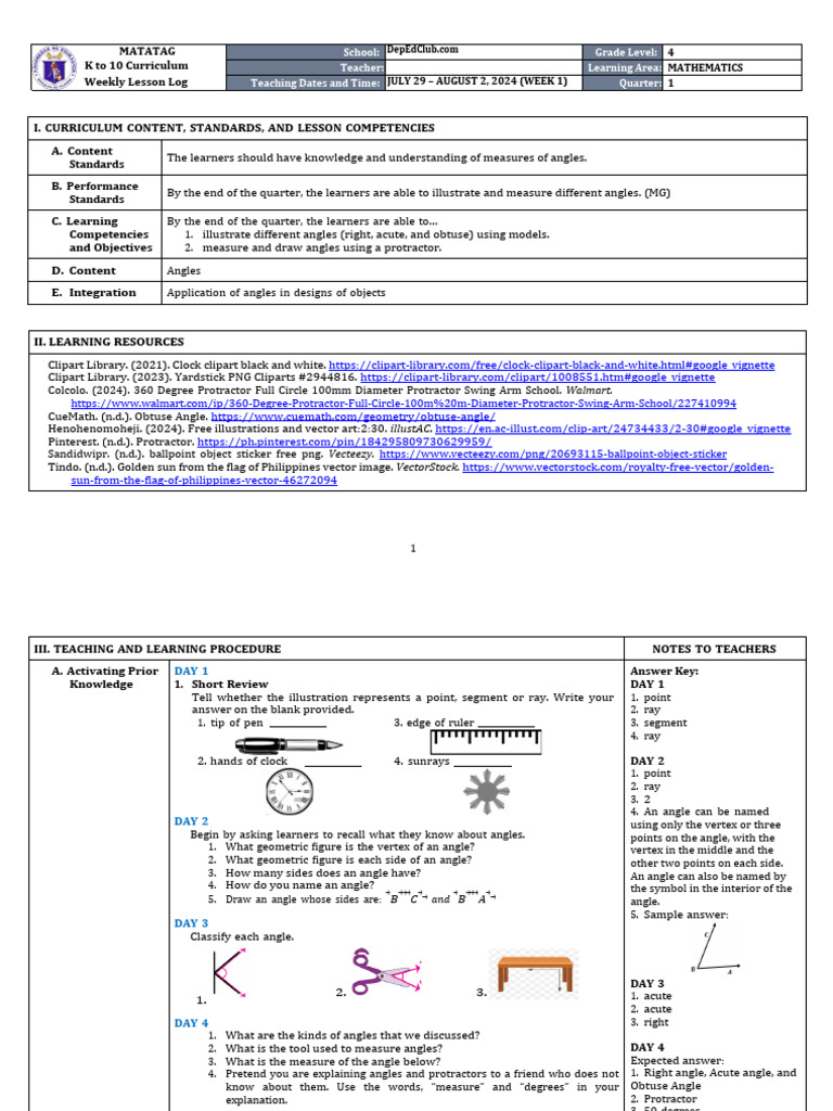 DLL Matatag - Mathematics 4 Q1 W1 | PDF | Angle | Learning