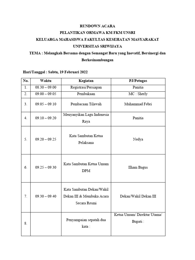 Rundown Acara Pelantikan Ormawa | PDF