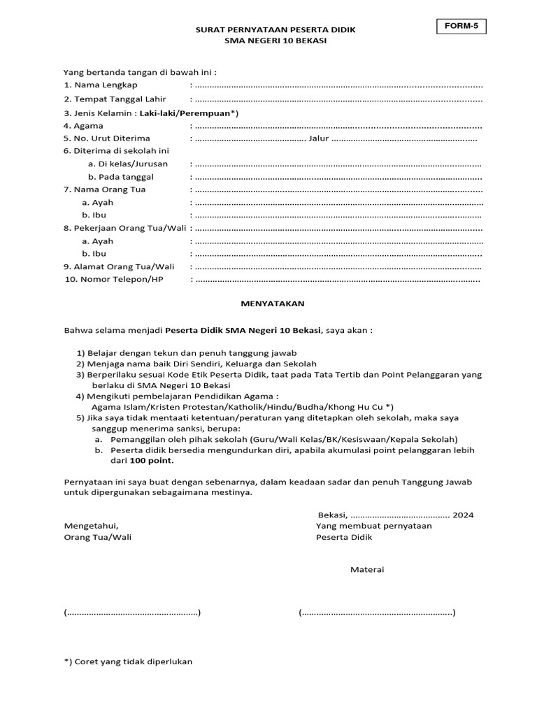 E. SURAT PERNYATAAN PESERTA DIDIK (FORM-5) | PDF