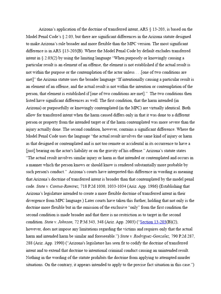 Arizona Transferred Intent Doctrine | PDF | Assault | Intention ...