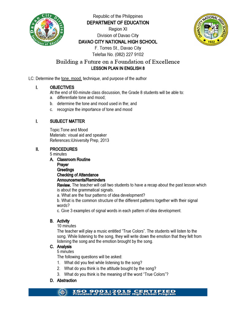 English 8 Lesson Plan: Tone and Mood | PDF | Lesson Plan | Human ...