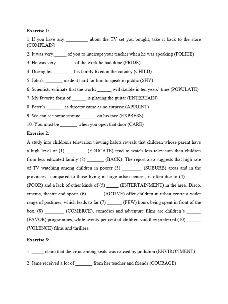 Word Form Exercises for 10th Grade | PDF