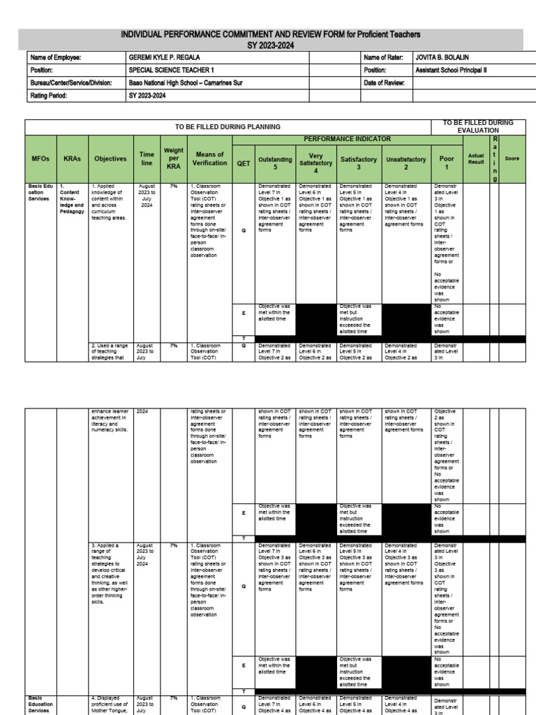IPCRF For Proficient Teachers SY 2023 2024 | PDF | Learning | Behavior Modification
