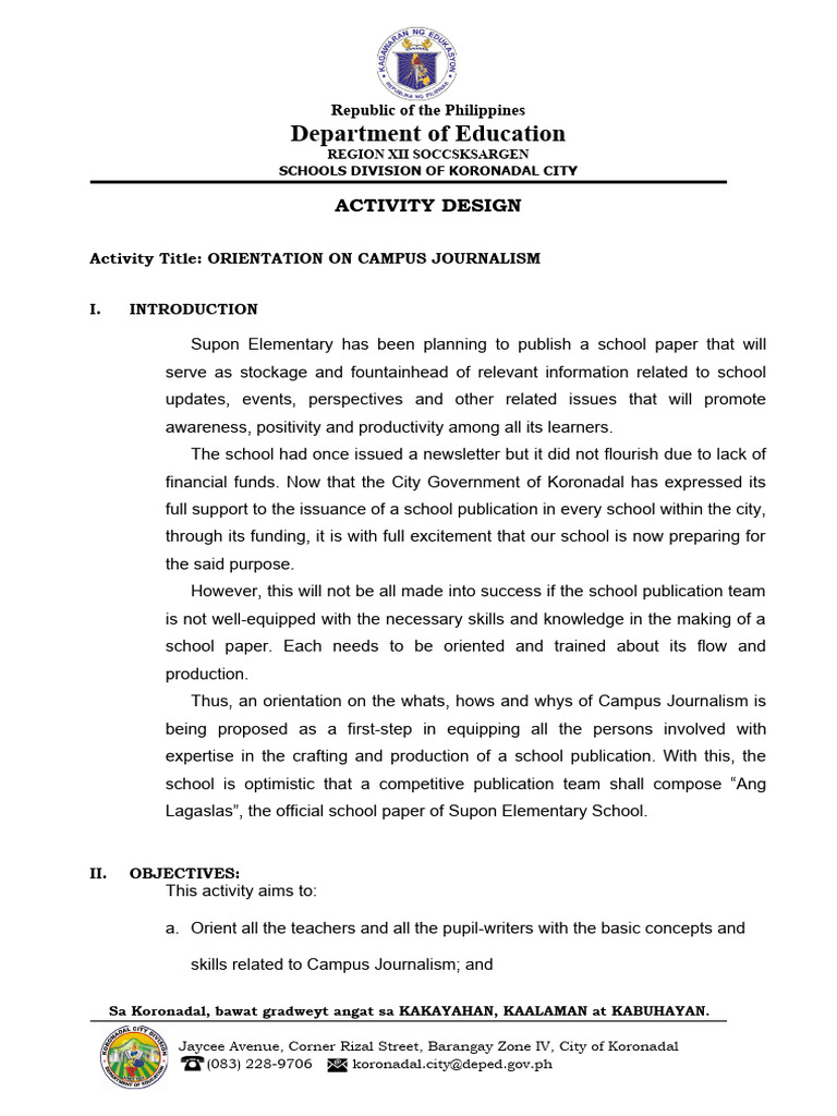 Activity Design On Campus Journalism | PDF