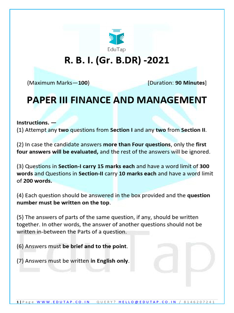 RBI Grade B Finance Management Exam Guide | PDF | Business | Finance ...