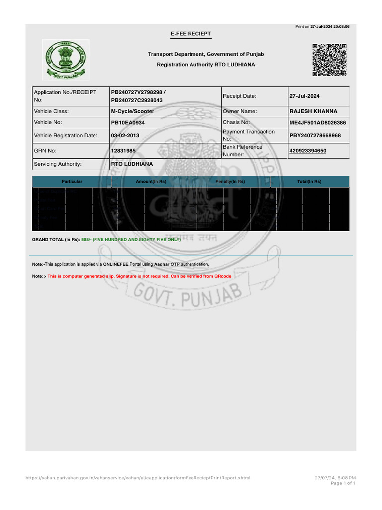 Vahan 4.0 (Citizen Services) Sp-Morth-Ws03 175 8001 | PDF | Receipt ...