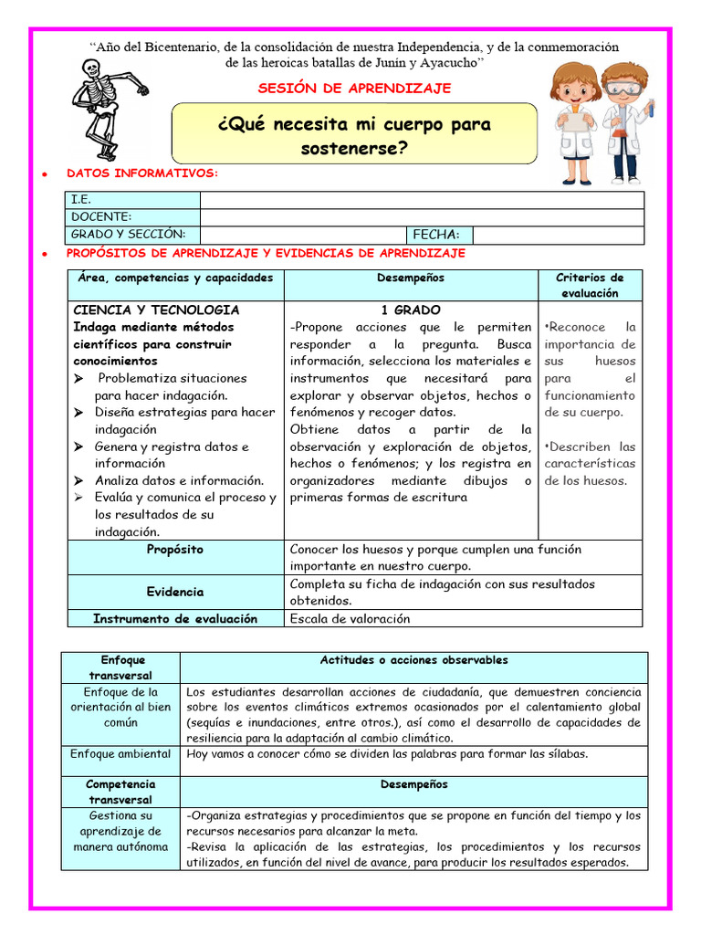 1º U3 S1 Sesion D3 Ct Que Necesita Mi Cuerpo Para Sostenerse Maestras