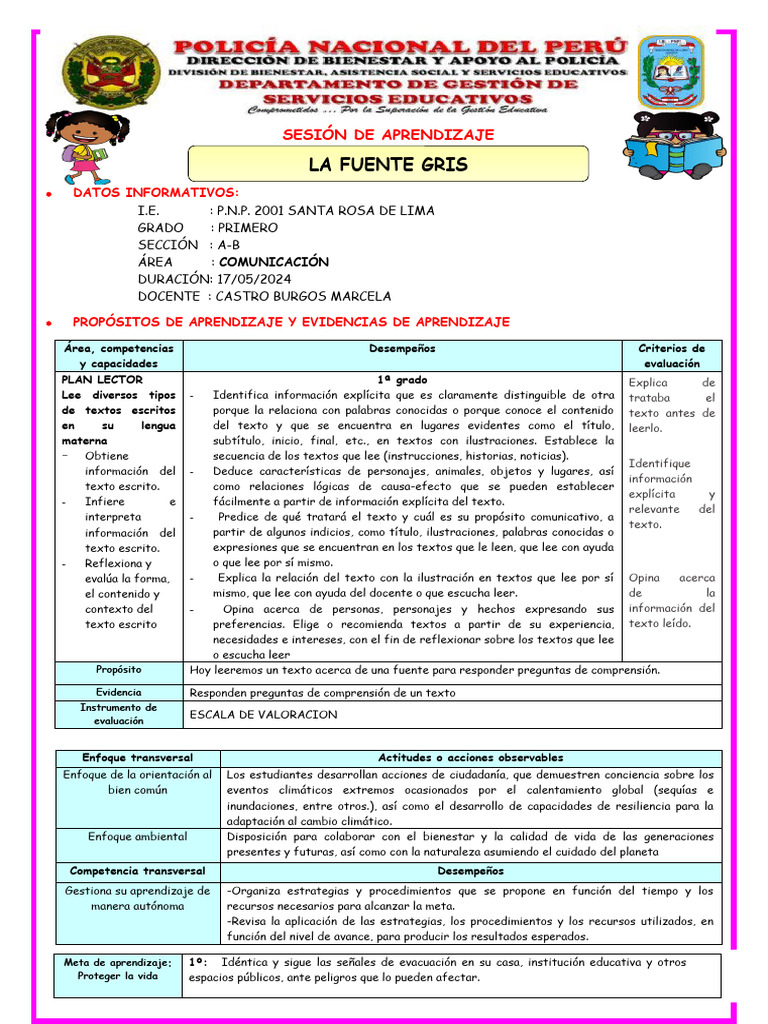 1º U3 S1 Sesion D4 Plan Lector La Fuente Gris Maestras de Primaria Del Peru | PDF | Aprendizaje ...