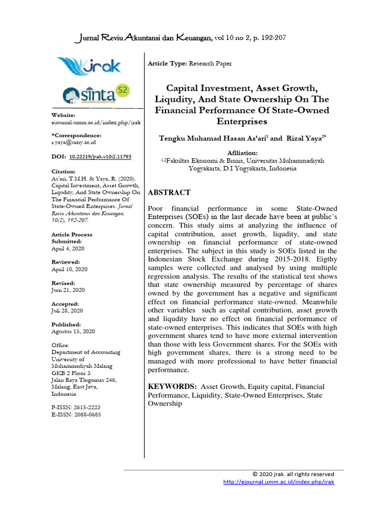Capital Investment, Asset Growth, Liqudity, and State Ownership On The ...