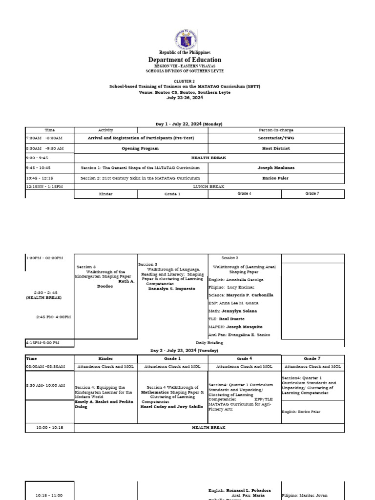 SBTT MATATAG Training Matrix | PDF | Teaching | Cognition