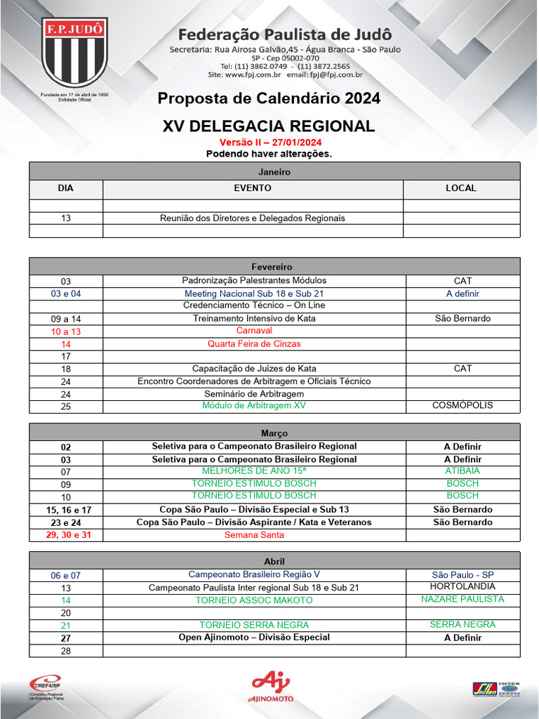 Calendário 2024 da Federação Paulista de Judô | PDF | Judô