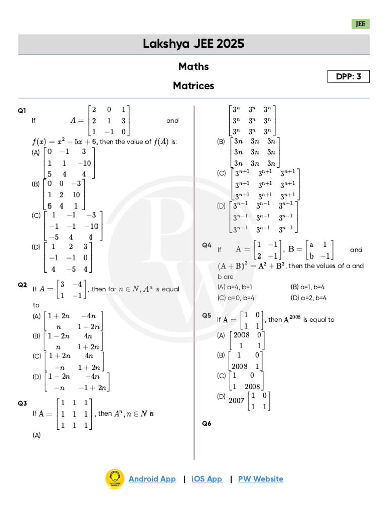 66332a7632c1e70018da0de4 - ## - Matrices - DPP 03 (Of Lec 04) - Lakshya JEE 2025 | PDF | Algebra ...