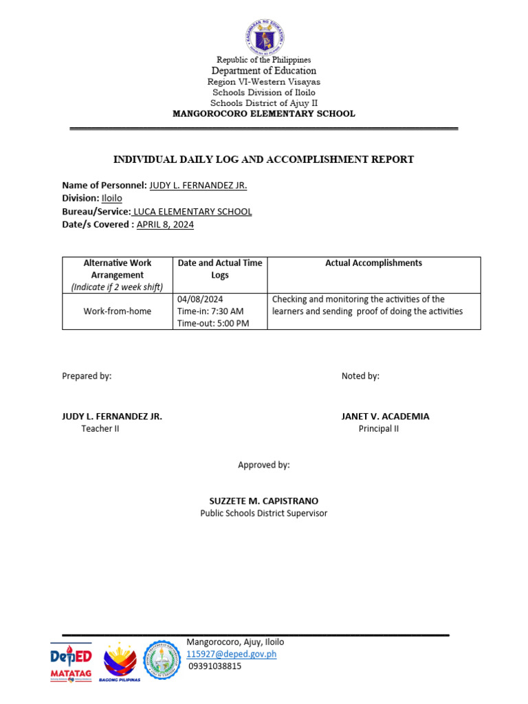 Individual Daily Log and Accomplishment Report | PDF | Human ...