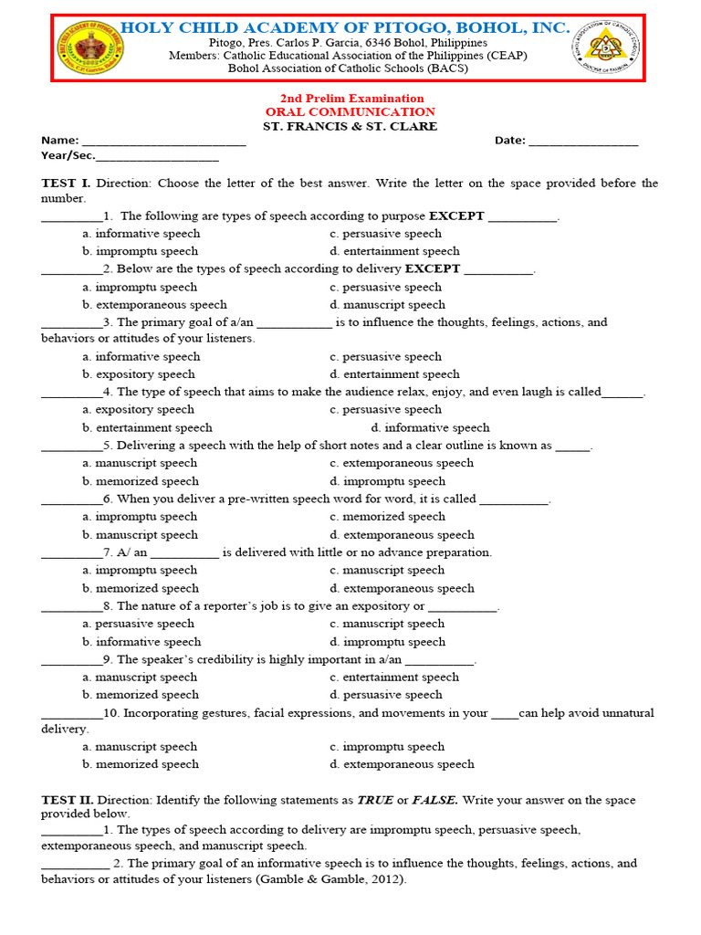 Oral Com. 2nd Prelim Exam | PDF | Rhetoric | Human Communication