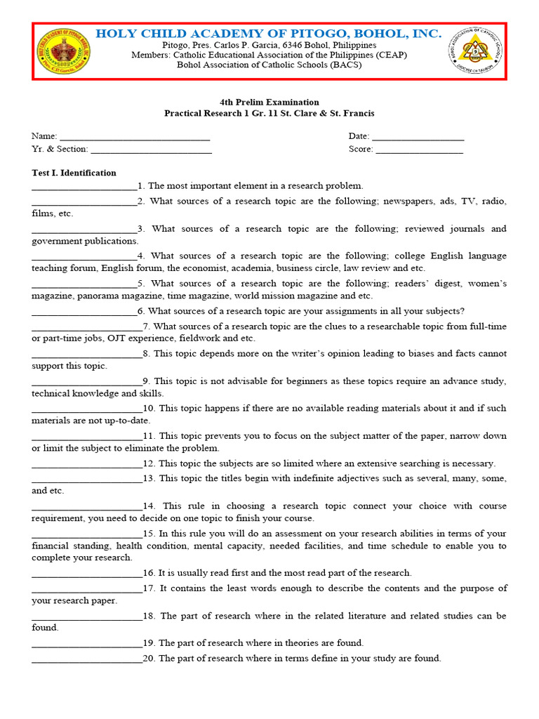 Practical Res. 1 4th Prelim Exam | PDF | Cognition