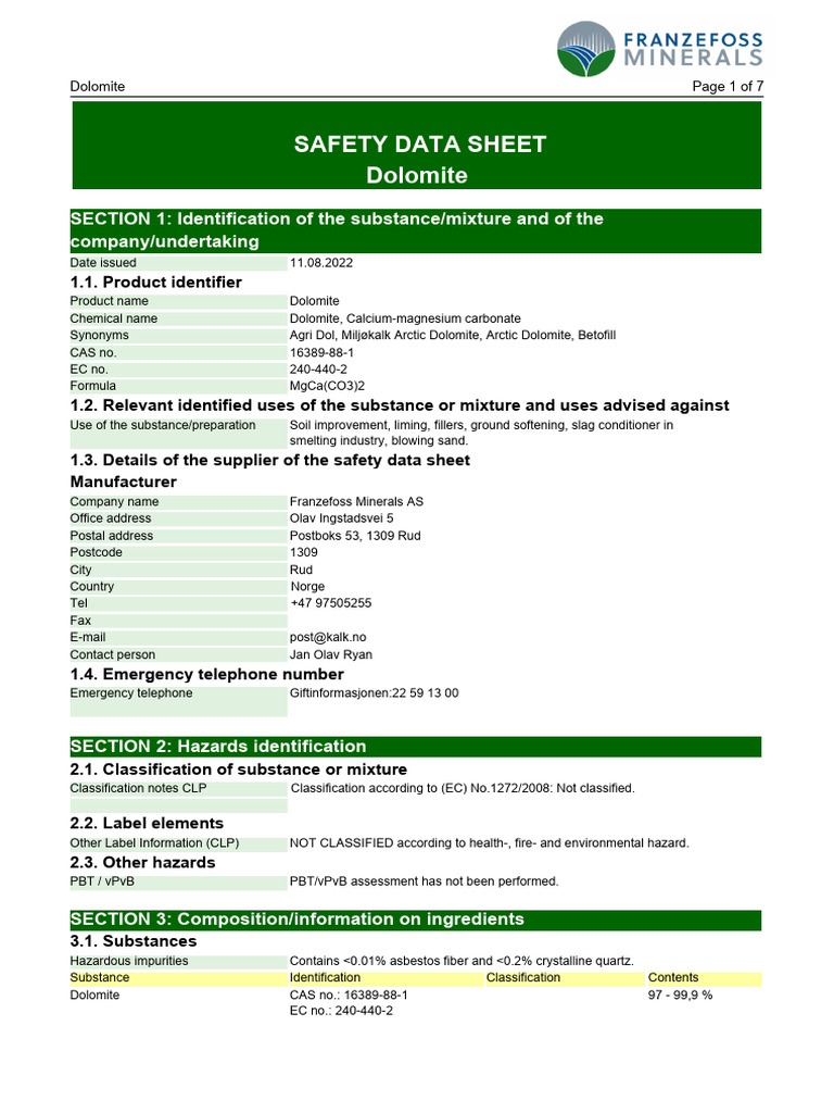 SDS Dolomite | PDF | Dangerous Goods | Occupational Safety And Health