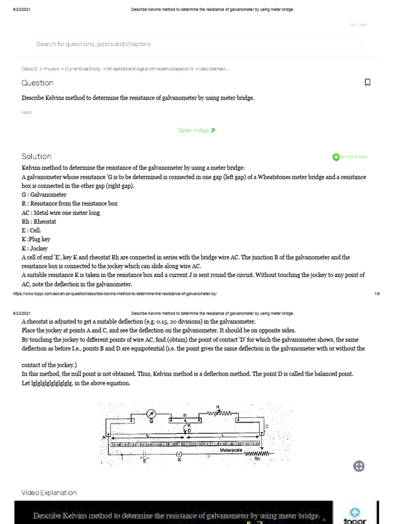 Describe Kelvins Method To Determine The Resistance of Galvanometer by Using Meter Bridge | PDF ...