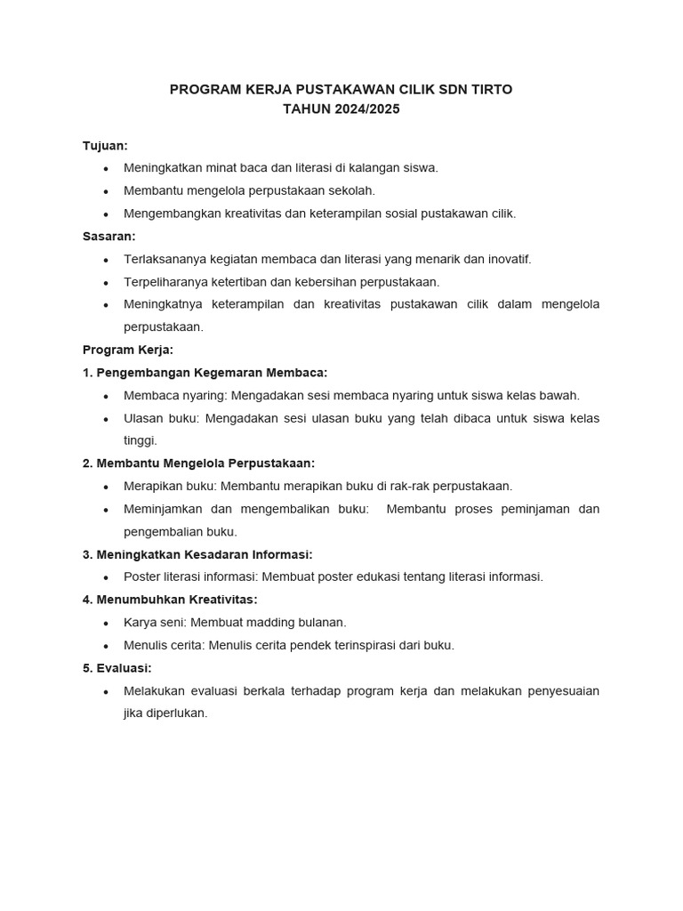 Program Kerja Pustakawan Cilik | PDF