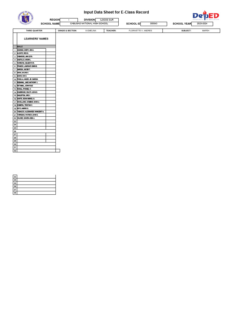 E-Class Record for Grade 8 MAPEH 2023-2024 | PDF