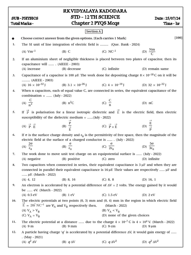 Chapter2PYQSMcqs D25 Jul 2024 | PDF | Capacitance | Capacitor