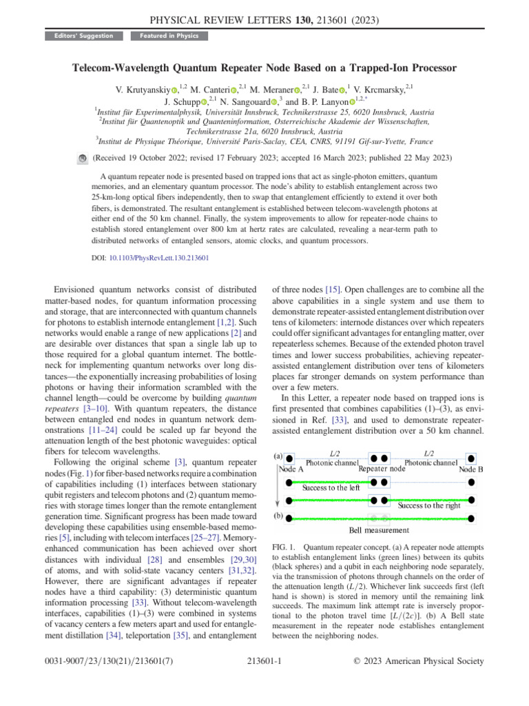 Telecom-Wavelength Quantum Repeater Node Based On A Trapped-Ion Processor | PDF | Optics ...