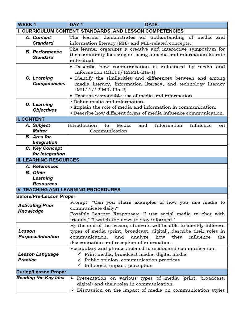 Mil Lesson Plan Week 1 Day 1 | PDF | Mass Media | Popular Culture ...