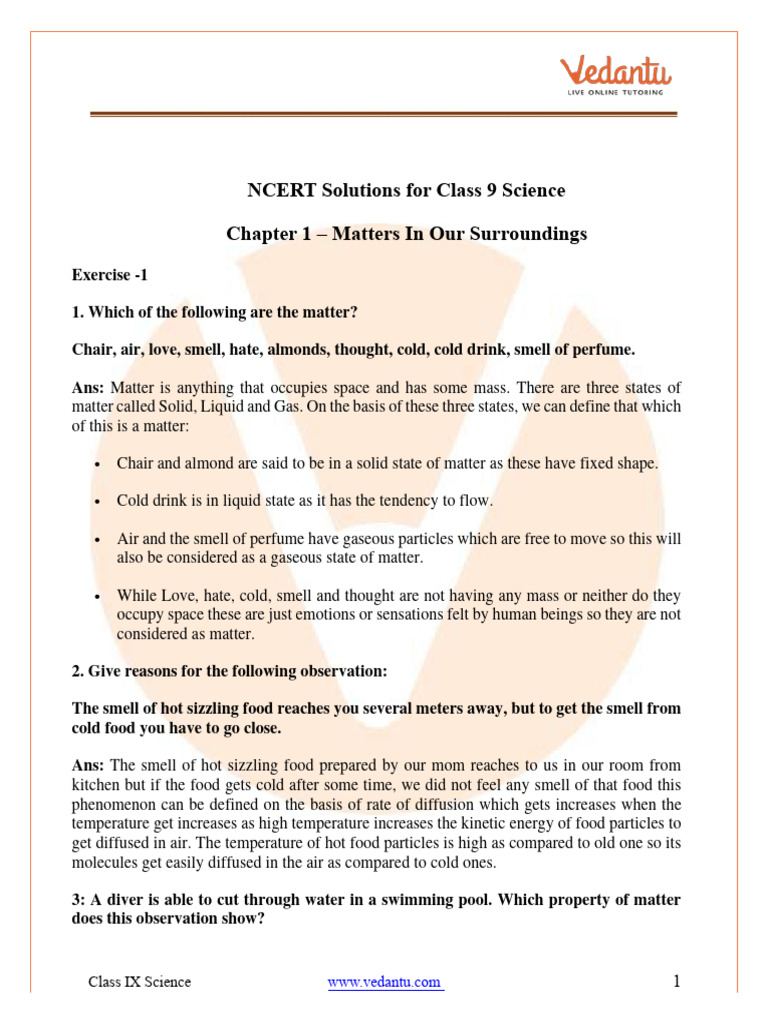 NCERT Solutions For Class 9 Science Chapter 1 FREE PDF | PDF | Matter ...