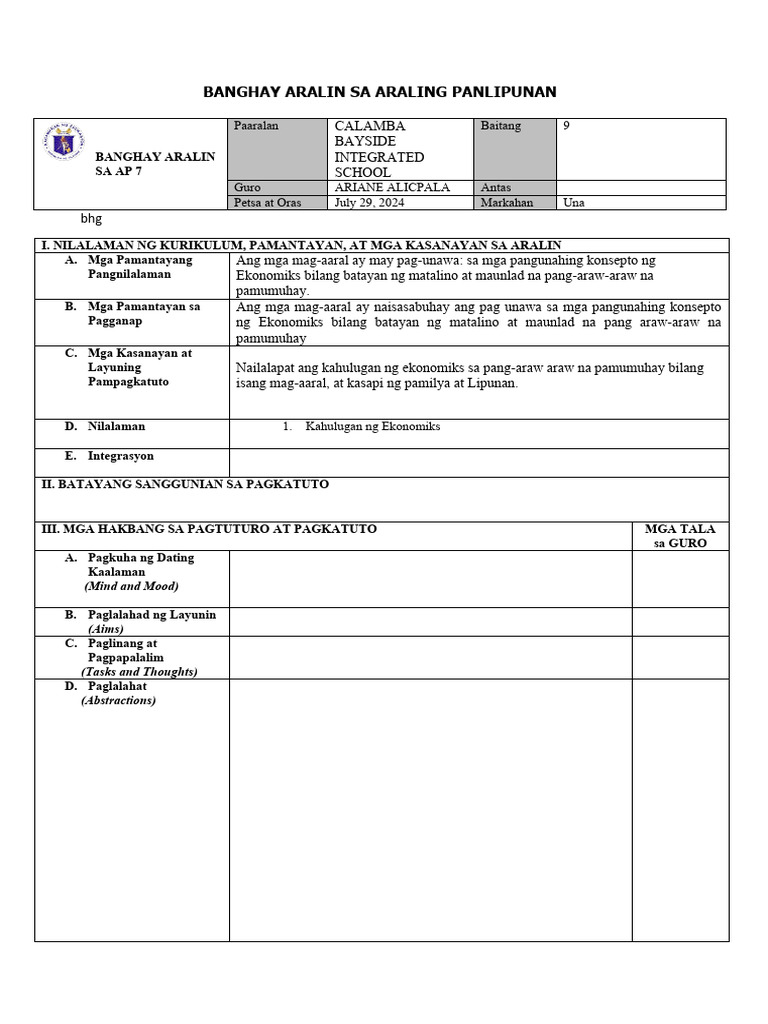 MATATAG Banghay Aralin Sa Araling Panlipunan Template 2 | PDF