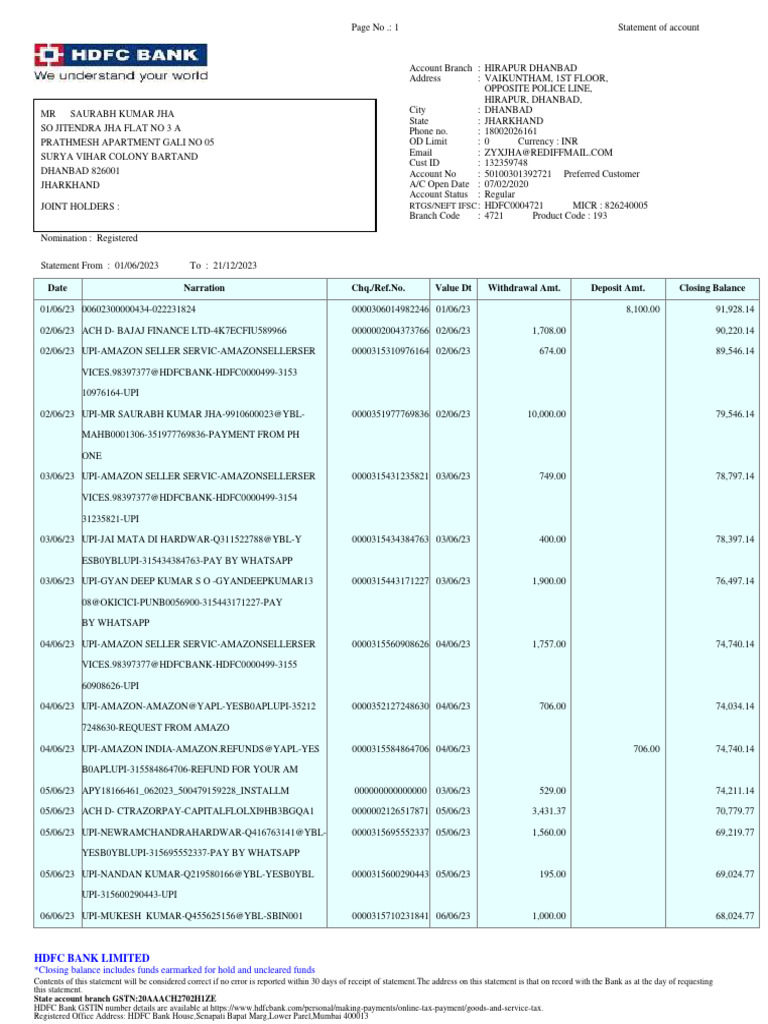 Date Narration Chq./Ref - No. Value DT Withdrawal Amt. Deposit Amt ...