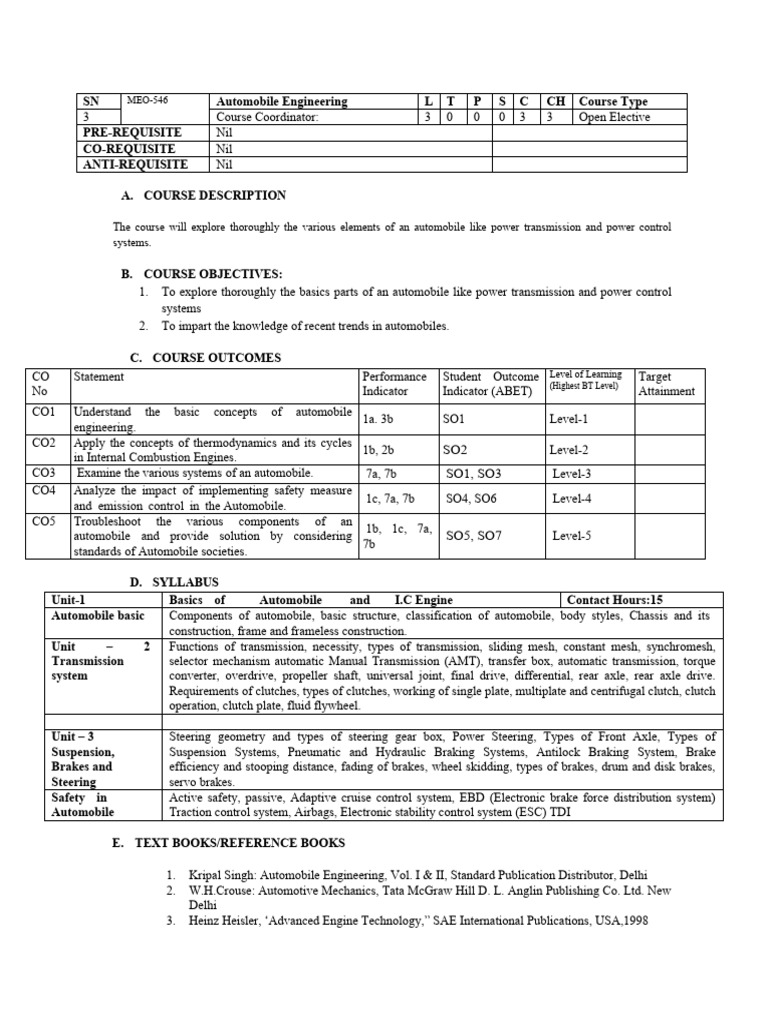 Syllabus Automobile MEO 546 | PDF | Brake | Steering