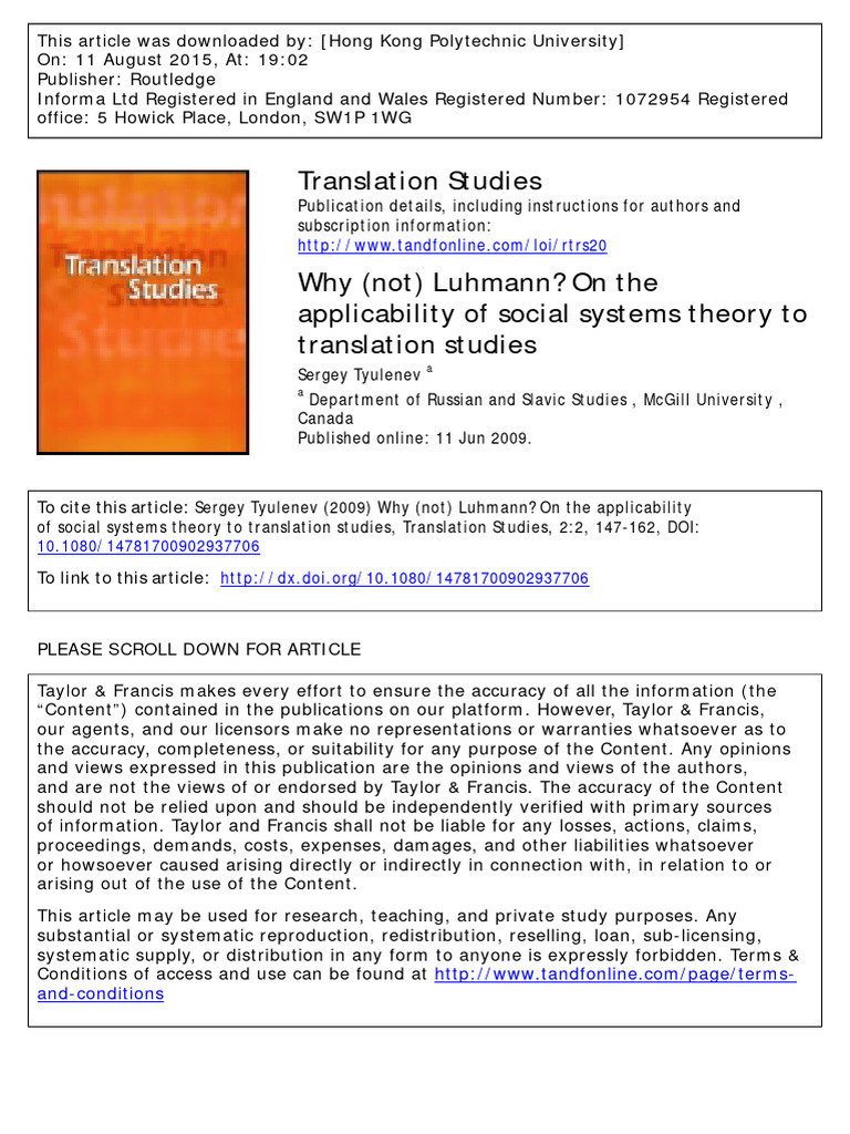 2009 Tyulenev Why (Not) Luhmann | PDF | System | Translations